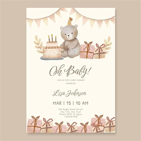 Plantilla de invitación de baby shower de oso de peluche Vector Premium