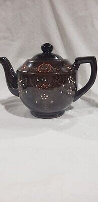 Vintage Brown Betty Redware Teapot Made In Japan Moriage Enamel Hand