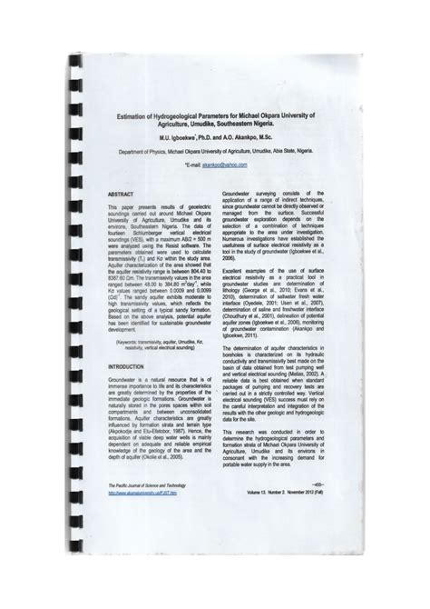 pdf estimation of hydrogeological parameters for michael okpara university of agriculture