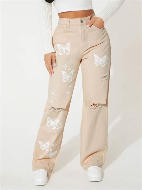 SHEIN PETITE Butterfly Print Ripped Straight Leg Jeans SHEIN UK
