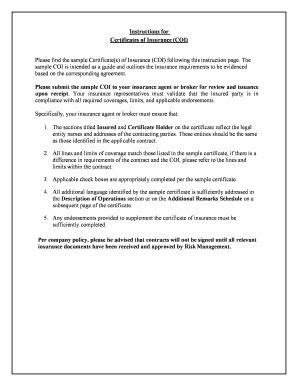 Fillable Online Instructions For Certificates Of Insurance COI Please