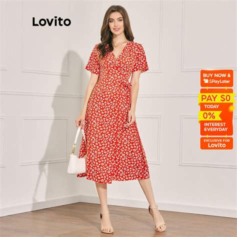 Lovito Boho Ditsy Floral Wrap Knot A Line Women Dress L37LD098 Red