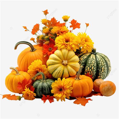 Thanksgiving Decor With Yellow Green Orange Squash And Clower
