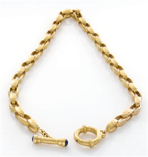 14 Karat Solid Yellow Gold Hammered Link Necklace With Sapphire Toggle