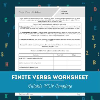 Finite Verbs Worksheet Editable Fillable Printable PDF TPT