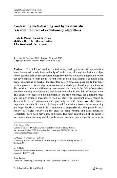 pdf contrasting meta learning and hyper heuristic research the role