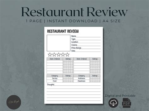 Digital Restaurant Review Template Review Journal Printable Restaurant