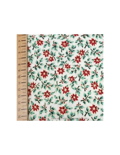Tissu Coton oeko tex noël feuille houx fleur rouge or fond blanc Patch