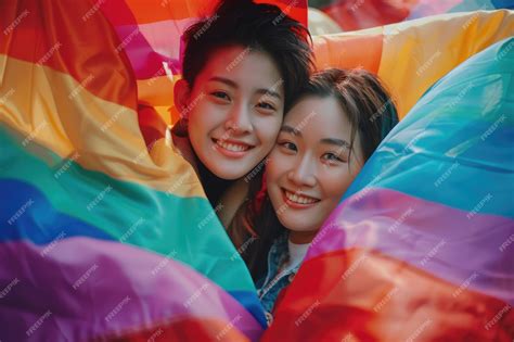 Premium Photo Happy Lgbtq Asian Lesbian Couple Celebrating Pride Month Together