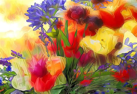 Beautiful Flowers Oil Painting Art Flowers Abstract Hd Wallpaper