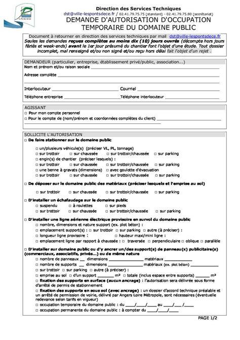 Demande D Autorisation D Occupation Temporaire Du Domaine Public En PDF