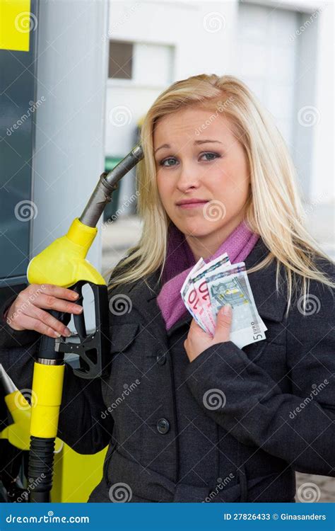 Woman At Gas Station To Refuel Stock Image Image Of Frustrated