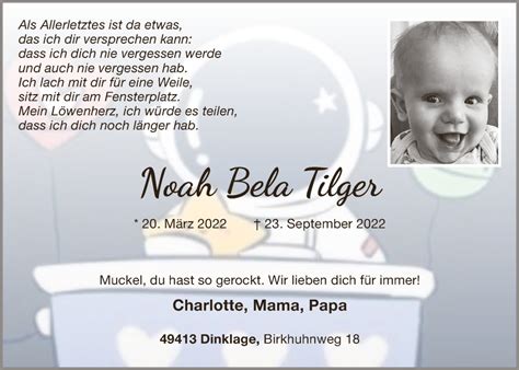 Traueranzeigen Von Noah Bela Tilger Om Trauer De
