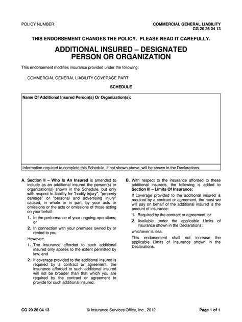 Additional Insured Endorsement Form Fillable Printable Forms Free Online