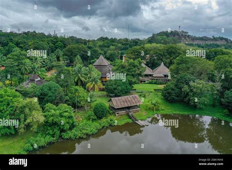 Aerial View Of Lake Huts And Jungle In The Sarawak Cultural Village
