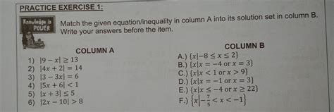 solved practice exercise 1 match the given equation inequality in column a into its solution