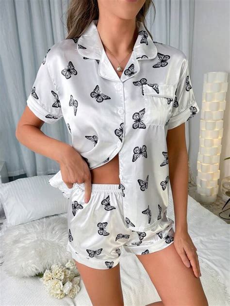 Conjunto De Pijama Con Estampado De Mariposa Ribete En Contraste De