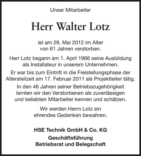 Traueranzeigen Von Walter Lotz Vrm Trauer De