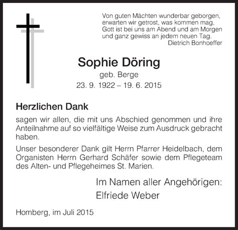 Traueranzeigen von Sophie Döring Trauer HNA de