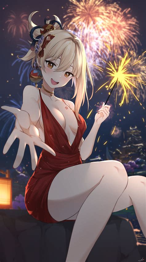 Blonde Smiling Anime Girls Boobs Fireworks Red Dress Genshin