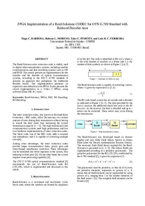 pdf fpga implementation of a reed solomon codec for otn g 709 standard with reduced decoder