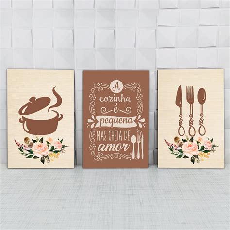 Kit 3 Quadros Decorativos Cozinha Panela E Talheres Marrom 20x30cm Copa