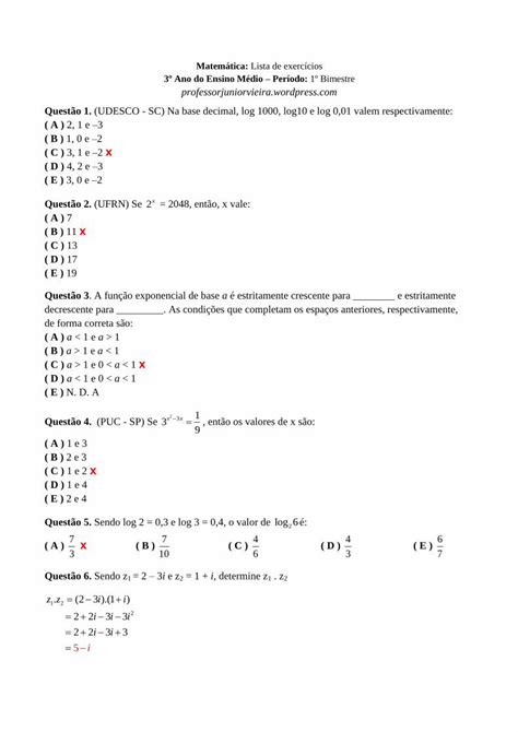 PDF Matemática Lista de exercícios 3º Ano do Ensino Médio PDF