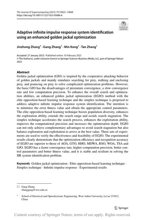 adaptive infinite impulse response system identification using an enhanced golden jackal