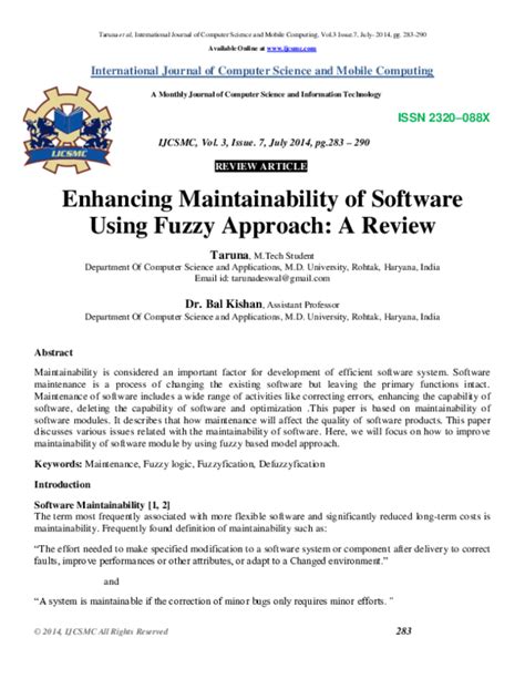 pdf enhancing maintainability of software using fuzzy approach a review﻿ ijcsmc journal