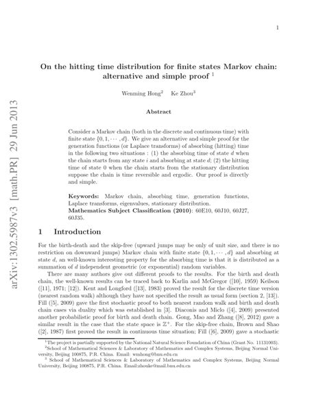 pdf on the hitting time distribution for finite states markov chain alternative and simple proof