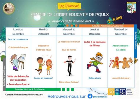 Centre de Loisirs Planning des activités des vacances de fin d année