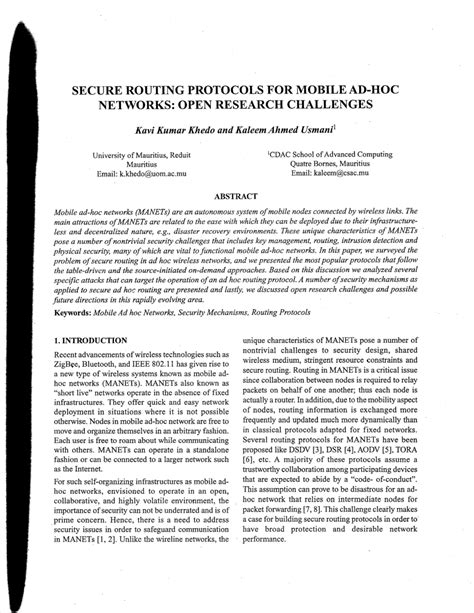 pdf secure routing protocols for mobile ad hoc networks open research challenges