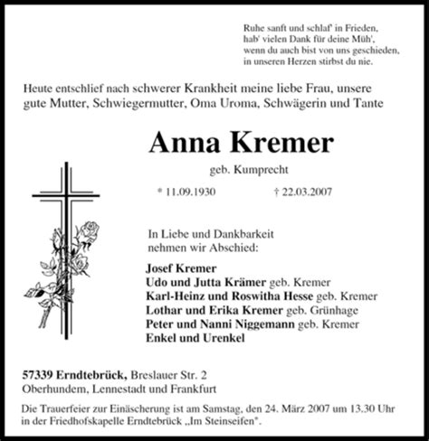 Traueranzeigen Von Anna Kremer Trauer In NRW De