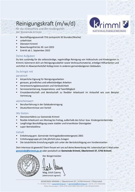 Stellenausschreibung Reinigungskraft Gemeindeamt Krimml