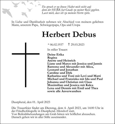 Traueranzeigen Von Herbert Debus Vrm Trauer De
