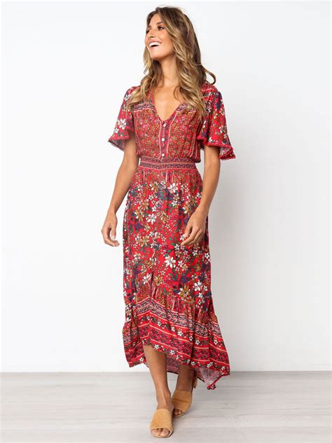 Robe maxi bohème à imprimé floral col V manches courtes Robe d été