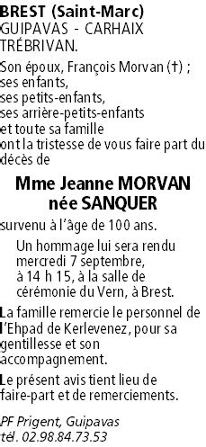 Mme MORVAN Jeanne Avis de décès du 06 septembre 2022 Le Télégramme