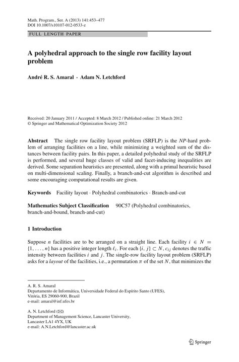 pdf a polyhedral approach to the single row facility layout problem
