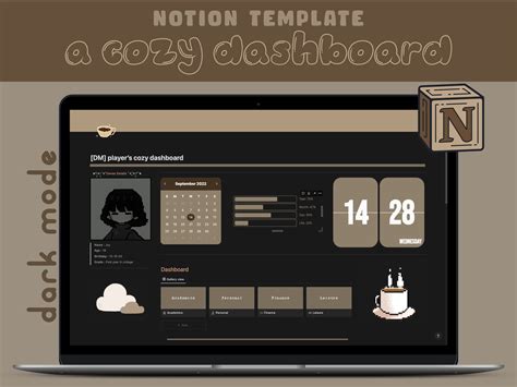 Cozy Dashboard Aesthetic Minimal Notion Planner Template Dark Mode
