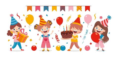 Crianças dos desenhos animados comemorando a festa de aniversário