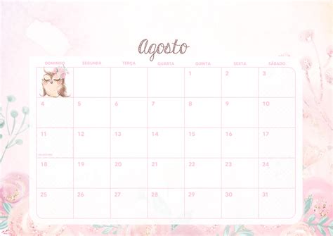 Calendário Mensal 2024 Coruja Agosto Fazendo a Nossa Festa