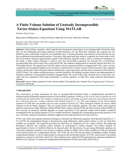 pdf a finite volume solution of unsteady incompressible navier stokes equations using matlab