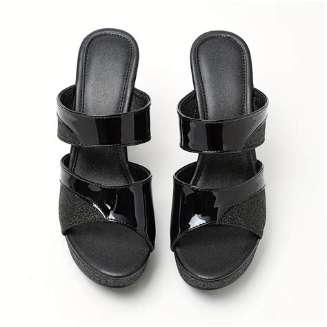 Peep Toe Slip Sandals Women S Sequins Block High Heels Temu New Zealand