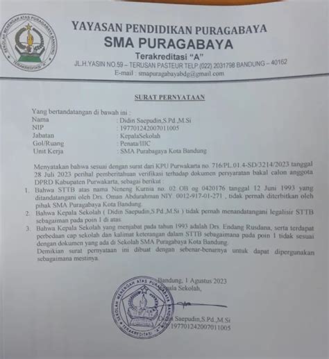 Bacaleg Diduga Gunakan Ijazah SMA Puragabaya Palsu Pihak Sekolah