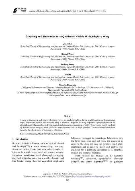 pdf modeling and simulation for a quadrotor vehicle with adaptive wing