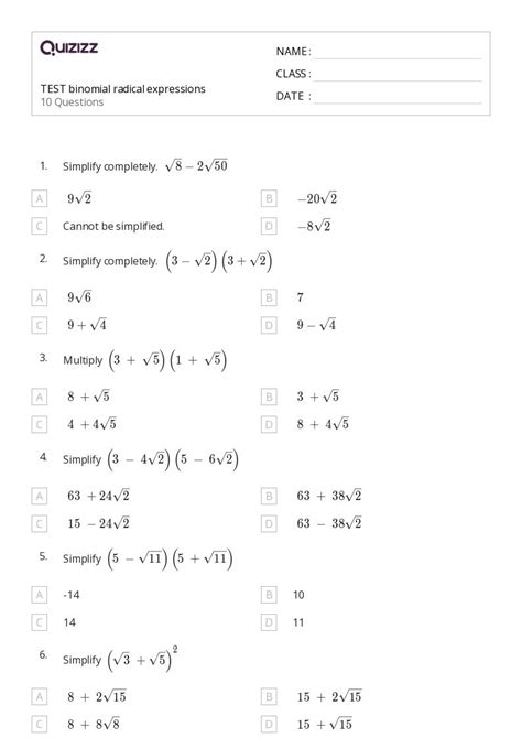 Radical Expressions Worksheets For Th Class On Quizizz Free