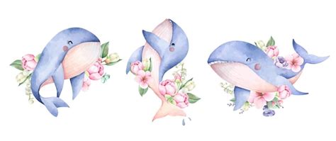 Composição em aquarela baleia azul e flores arte animal subaquática
