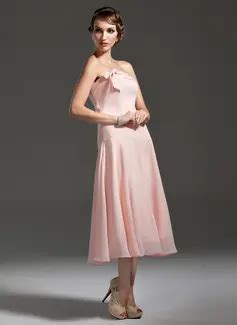 A Line Princess Strapless Tea Length Chiffon Bridesmaid Dress With Bow
