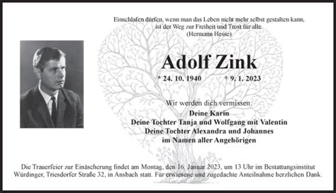 Traueranzeigen Von Adolf Zink Trauer Flz De