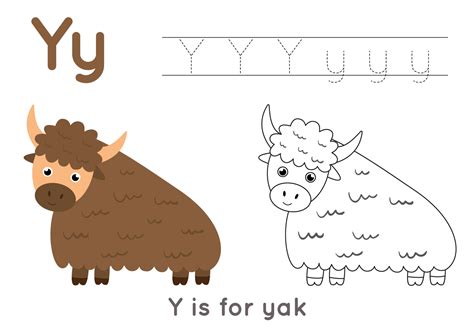 Página para colorear con la letra y y yak de dibujos animados lindo